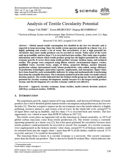 Analysis Of Textile Circularity Potential Pdf Textiles Life Cycle