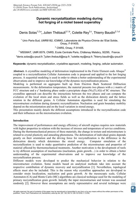 Pdf Dynamic Recrystallization Modeling During Hot Forging Of A Nickel Based Superalloy
