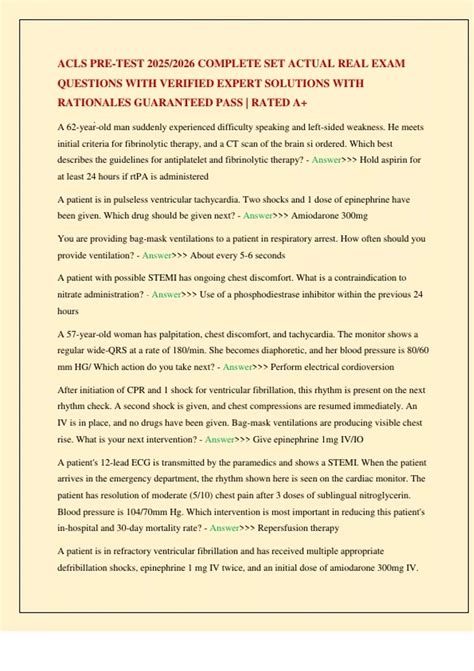 Acls Pre Test 2025 2026 Complete Exam Questions With Expert Answers And Rationales Verified