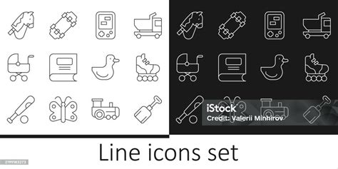 세트 라인 삽 장난감 롤러 스케이트 테트리스 전자 게임 책 아기 유모차 장난감 말 고무 오리 및 스케이트 보드 아이콘 벡터 Brand Name Video Game에 대한