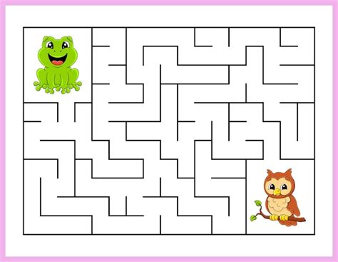 아이들을 위한 직사각형 미로 게임 재미있는 미로 교육 개발 워크시트 활동 페이지 어린이를 위한 퍼즐 만화 스타일 유치원 논리적 수수께끼 벡터 그림을 위한 수수께끼 프리미엄 벡터