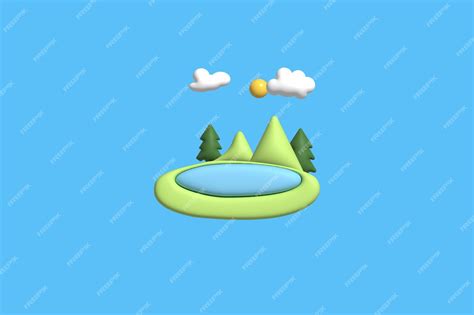 나무와 태양 풍경 개념 현실적인 3d 객체 만화 스타일 터 일러스트레이션 프리미엄 벡터