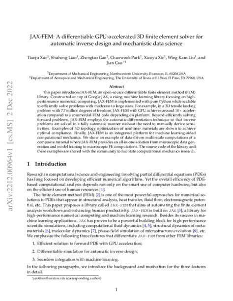 Pdf Jax Fem A Differentiable Gpu Accelerated 3d Finite Element Solver For Automatic Inverse