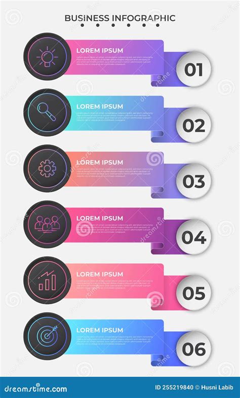 Infographic Template With Waving Gradient Ribbon And Business Icon Design Stock Vector