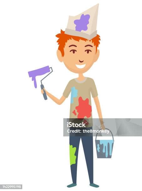 아이 직업 화가 전문 유니폼을 입은 만화 젊은이 귀여운 어린이 직업 벡터 일러스트 레이 션 직업 정장의 소년 캐릭터 가공의