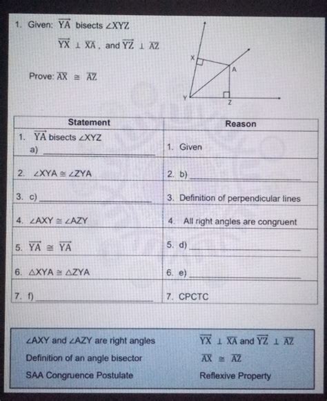 Solved 1 Given Vector Ya Bisects ∠ Xyz Overline Yx ⊥ Overline Xa And Overline Yz ⊥ Overline