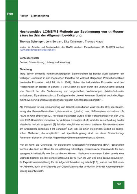 Pdf Hochsensitive Lcmsms Methode Zur Bestimmung Von Tt Muconsäure Im Urin Der