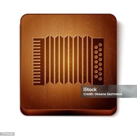 갈색 악기 아코디언 아이콘 흰색 배경에 격리 고전적인 바야 고조파 나무 사각형 버튼입니다 벡터 일러스트레이션 Classical Concert에 대한 스톡 벡터 아트 및 기타