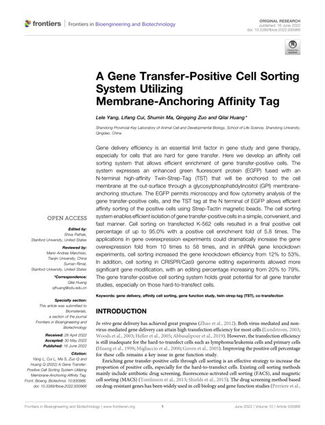 Pdf A Gene Transfer Positive Cell Sorting System Utilizing Membrane