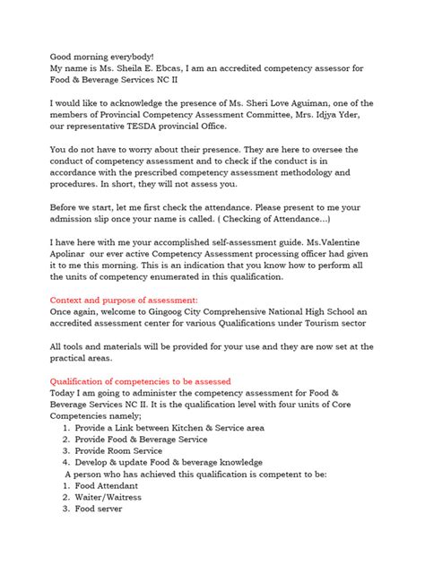 Conduct Assessment Script Sample Download Free Pdf Waiting Staff Restaurants