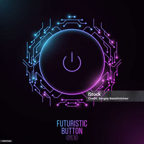 컴퓨터 회로 기판과 미래 전원 버튼 Hud 인터페이스 요소 Ui 개념입니다 사이버 퍼플 및 블루 네온 스위치 기술 현대 배경