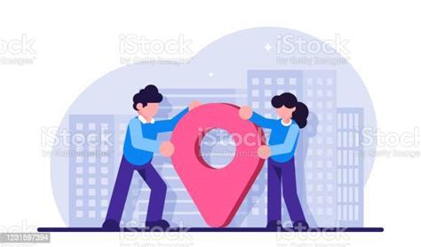 도시 위치 여행 가이드 관광 여행 탐색의 개념 남자와 여자는 시내 건물과지도 핀 거리에 서 현대 플랫 벡터 그림입니다 개념에 대한 스톡 벡터 아트 및 기타 이미지 Istock