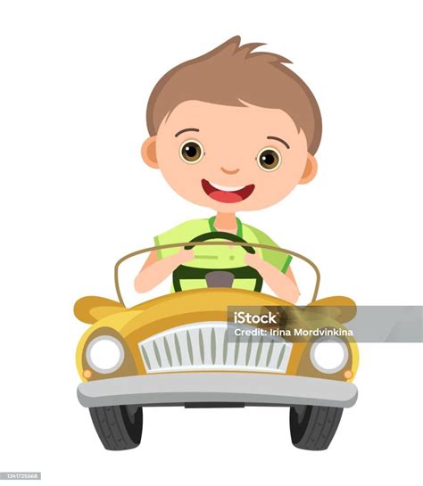 아이 소년은 차를 운전 노란 어린이 자동차 장난감 차량 모터와 함께 좋은 승객 자동차 페달 또는 전기 흰색 배경에 격리 벡터 아이에 대한 스톡 벡터 아트 및 기타 이미지