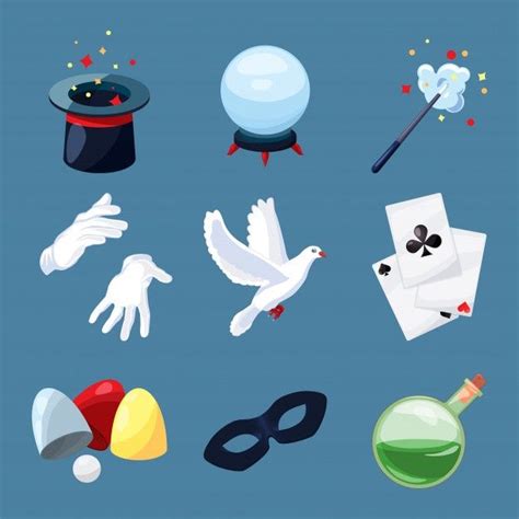 마술사 아이콘 설정합니다 만화 스타일의 놀라운 벡터 일러스트 마술 지팡이 미스터리 북 실린더 프리미엄 벡터 마술 지팡이 그래픽 디자인 마술