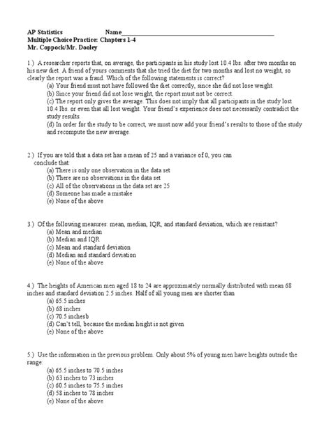 Chapters 1 4 Multiple Choice Practice Pdf Linear Regression Skewness