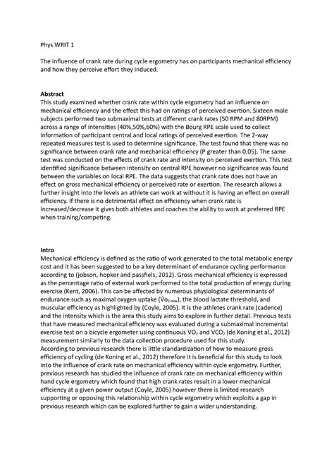 The Influence Of Crank Rate During Cycle Ergometry Has On Participants