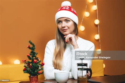 크리스마스 분위기입니다 카페에서 차 또는 커피와 젊은 아름다운 소녀 겨울에 대한 스톡 사진 및 기타 이미지 겨울 공휴일 나무 Istock