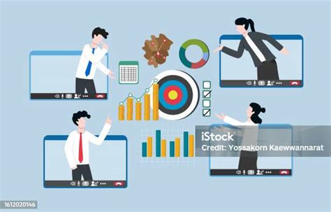 화상 통화를 통한 업무 회의 원격 협업 프로젝트 진행 개념에 대한 온라인 그룹 토론 업무 논의를 위해 화상 통화 인터페이스에 등장하는 비즈니스 동료 원격근무에 대한 스톡