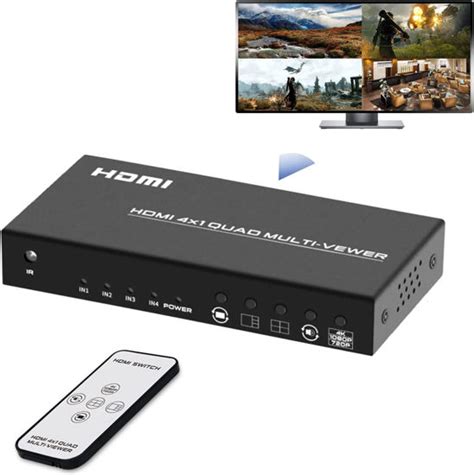 GetUSCart 4K HDMI Multi Viewer Switch 4x1 Quad Seamless HDMI Switcher 4 In 1 Out With Loop