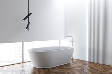 마천루 건물에 욕조와 흰색 세련 된 욕실 인테리어 3d 렌더링 0명에 대한 스톡 사진 및 기타 이미지 0명 3차원 형태 가정 생활 Istock