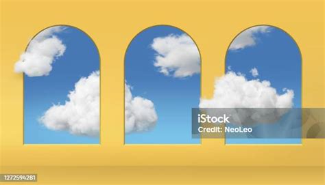 노란색 벽의 아치 창문 안에 파란색 하늘이있는 3d 렌더링 추상적 인 배경 하얀 구름이 방 안으로 날아다니다 문에 대한 스톡 사진 및 기타 이미지 Istock