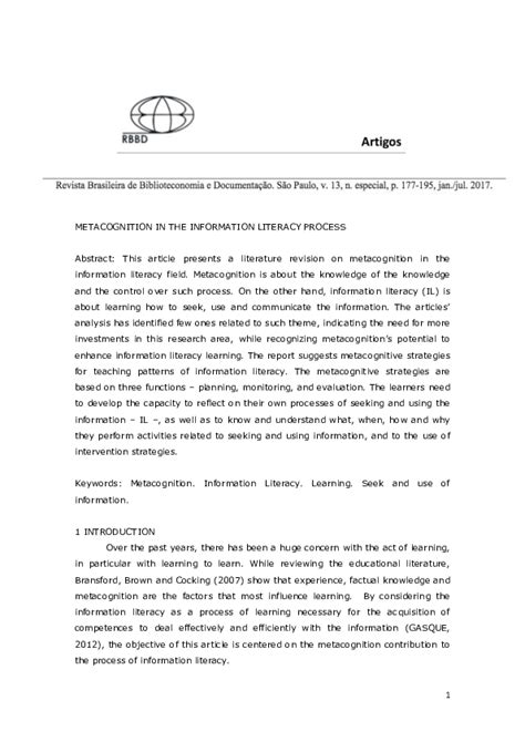 Pdf Metagonition And Information Literacy