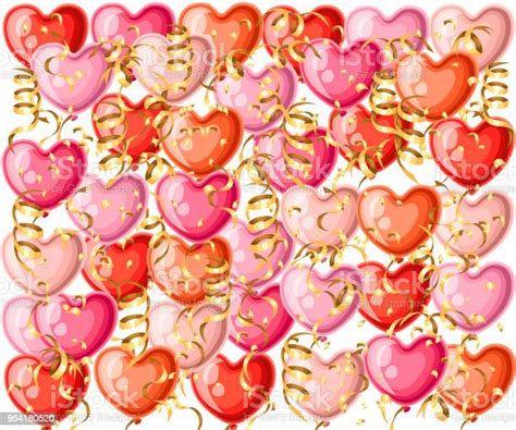 심장의 패턴 모양의 황금 리본과 풍선 흰색 배경 웹 사이트 페이지 및 모바일 응용 프로그램 디자인에 격리는 서로 다른 색상 풍선