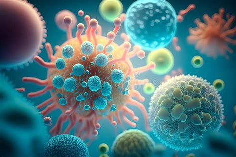 Macro Shot Of Different Types Of Microbes Probiotics Gram Positive Bacteria Virus Cells And