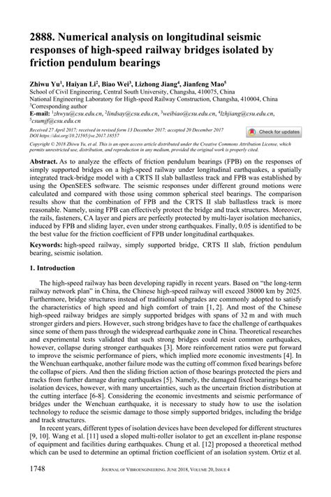 Pdf Numerical Analysis On Longitudinal Seismic Responses Of High Speed Railway Bridges