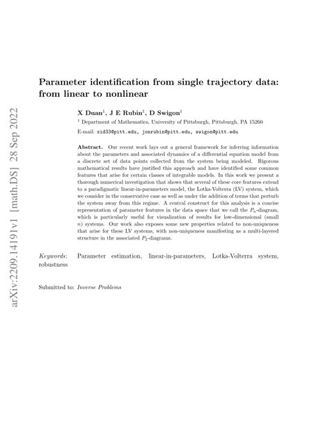 Pdf Parameter Identification From Single Trajectory Data From Linear