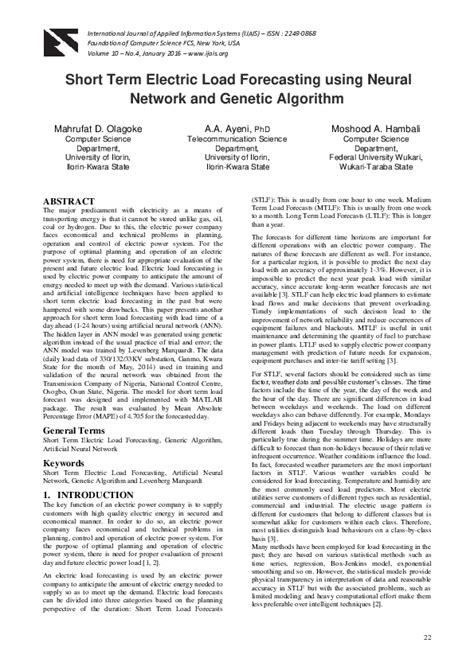 pdf short term electric load forecasting using neural network and genetic algorithm moshood