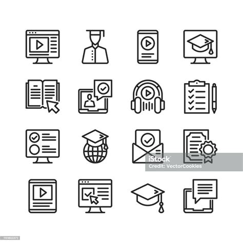 온라인 교육 아이콘을 설정 합니다 온라인 자습서 전자 학습 개념입니다 완벽 한 픽셀 선형 윤곽선 기호입니다 얇은 라인 디자인
