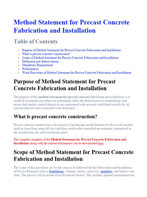 Method Statement For Precast Concrete Fabrication And Installation