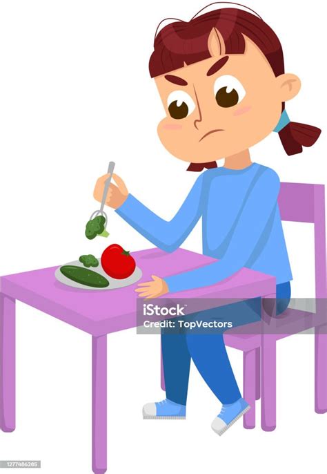 귀여운 소녀 테이블에 앉아 먹고 아이는 야채 만화 스타일 벡터 일러스트를 먹고 싶지 않아 건강한 생활방식에 대한 스톡 벡터 아트 및 기타 이미지 건강한 생활방식 귀여운