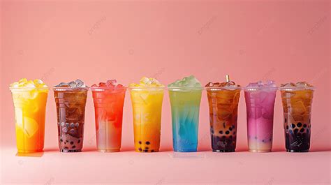 Variety Of Bubble Tea In Plastic Cups Background Variety Bubble Tea