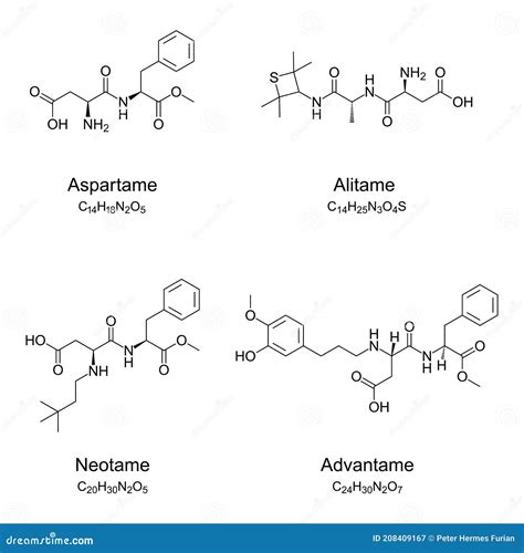 Aspartame With Analog Alitame Neotame And Advantame Chemical Formulas Stock Vector