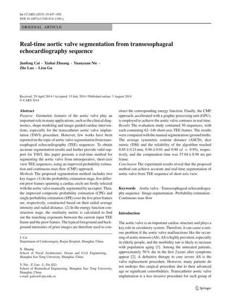 Pdf Real Time Aortic Valve Segmentation From Transesophageal Echocardiography Sequence