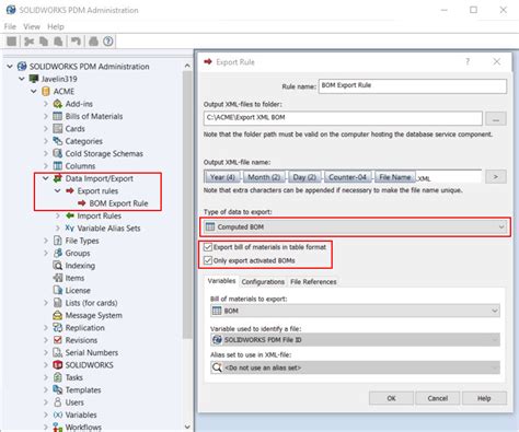 how to use solidworks pdm export rules for bill of materials bom