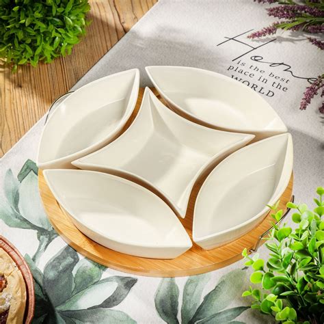 Менажница керамика, 28х28х5 см, 5 секций, бамбуковая подставка, Y4-3605 ...