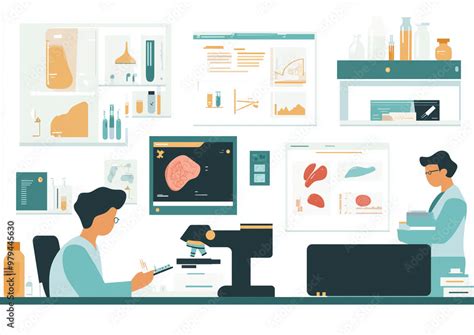 Illustrator Of A Scene Inside A Modern Pathology Lab Where Pathologists Are Analyzing Tissue
