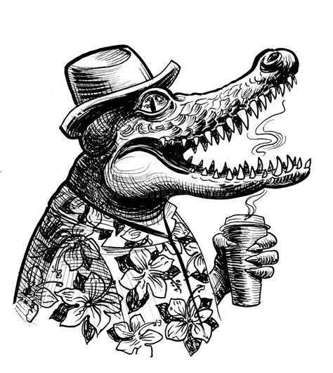 Cool Looking Alligator Drinking A Cup Of Coffee Stock Illustration Illustration Of Character