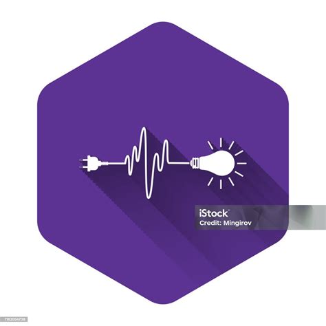 긴 그림자로 격리 된 흰색 와이어 플러그 및 전구 아이콘 하트 비트의 형태로 플러그 램프 및 코드 전기 와 조명의 개념 보라색
