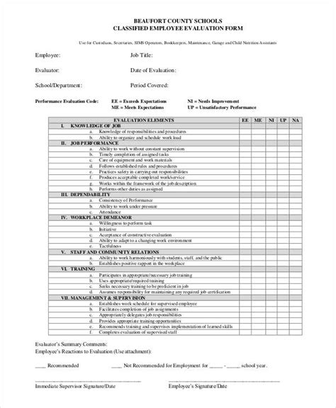 Samples Employee Evaluation Form PDF Printable
