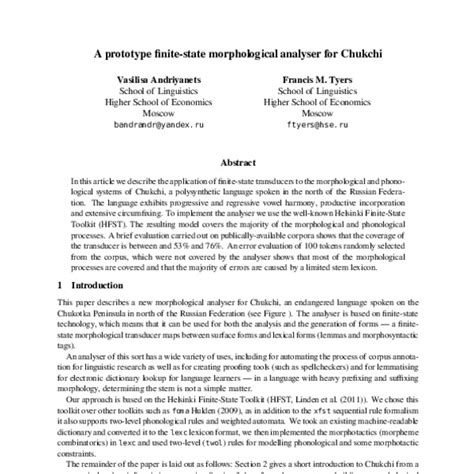 A Prototype Finite State Morphological Analyser For Chukchi Acl Anthology