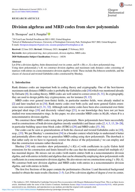 Pdf Division Algebras And Mrd Codes From Skew Polynomials