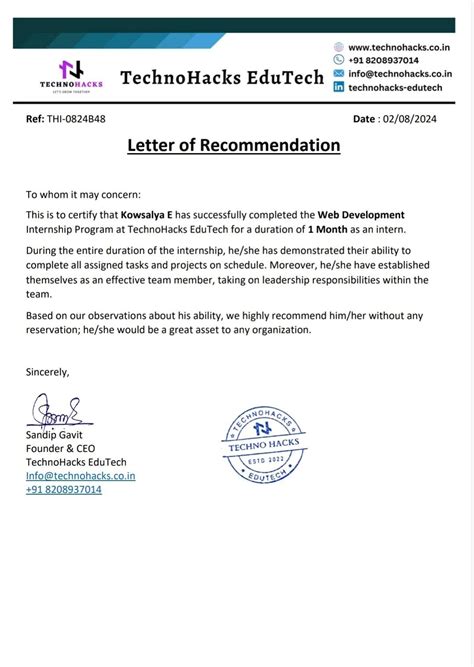 Kowsalya E On Linkedin Lor Internship Careergrowth Technohacks