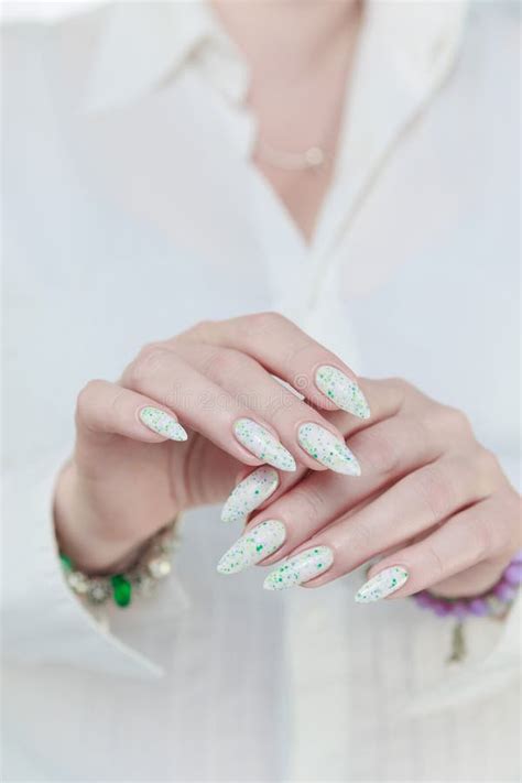 Beautiful Female Hands With Long Nails Light White Manicur Stock Image