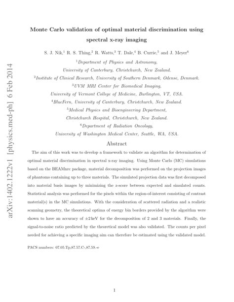 Pdf Monte Carlo Validation Of Optimal Material Discrimination Using Spectral X Ray Imaging
