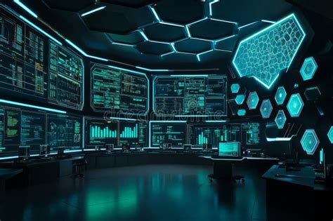 A High Tech Control Room With Massive Floating Hexagonal Screens