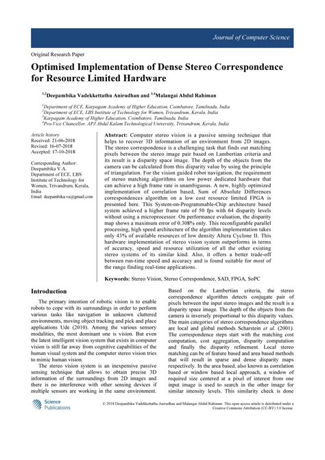 PDF Optimised Implementation Of Dense Stereo Correspondence For Resource Limited Hardware